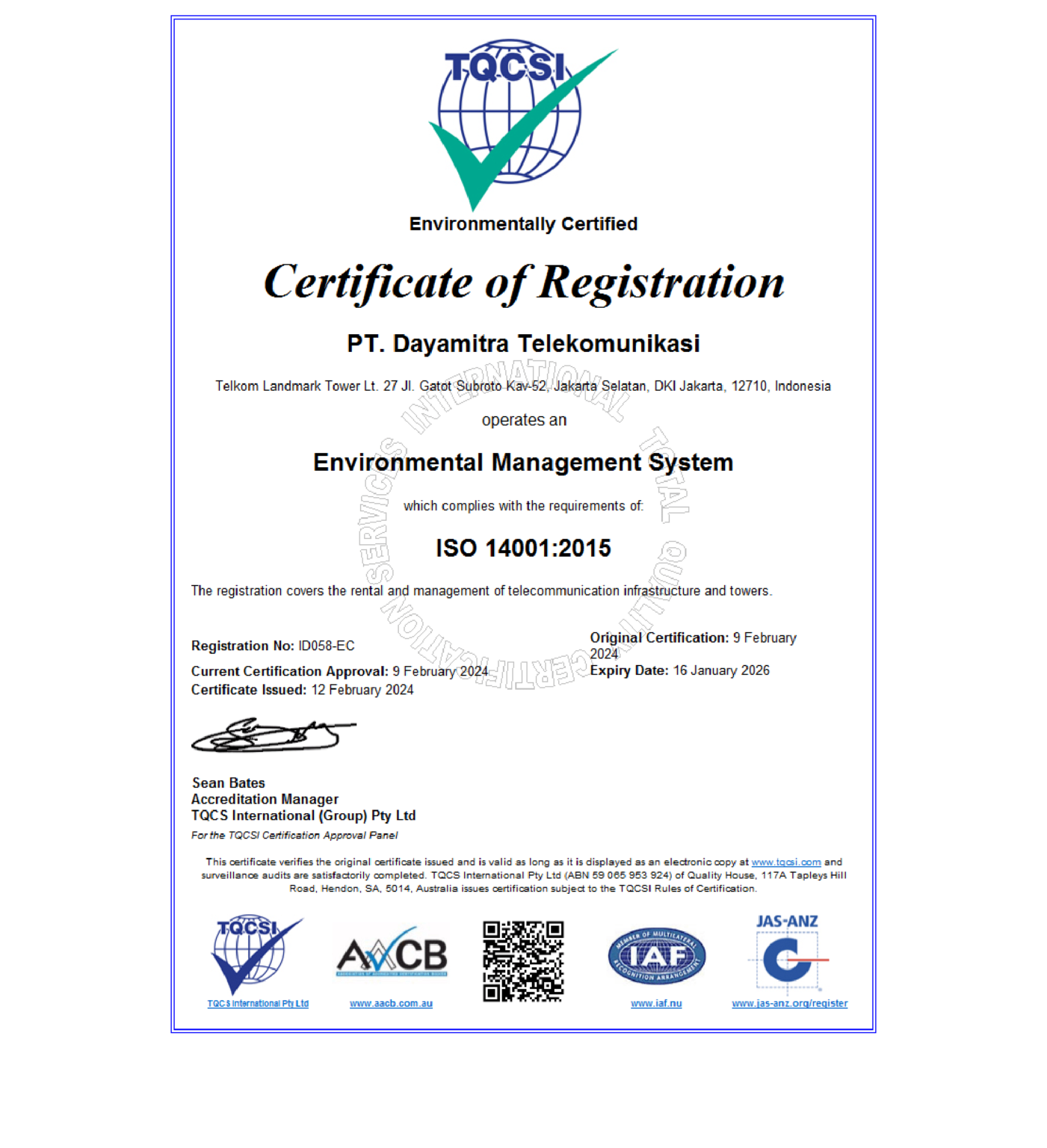 ISO 14001:2015 Environmental Management System Certificate – Mitratel